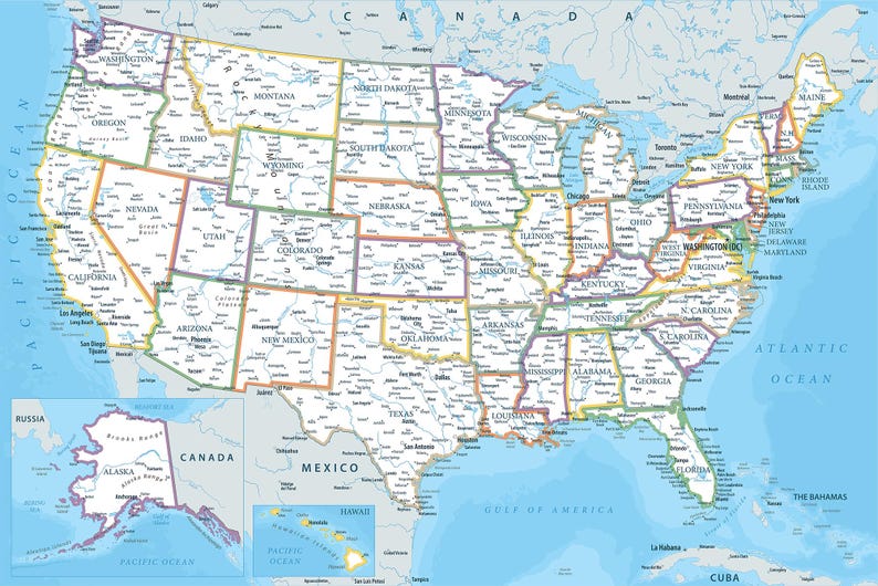 Printable United States Map – Large US Map Poster, White & Blue ...