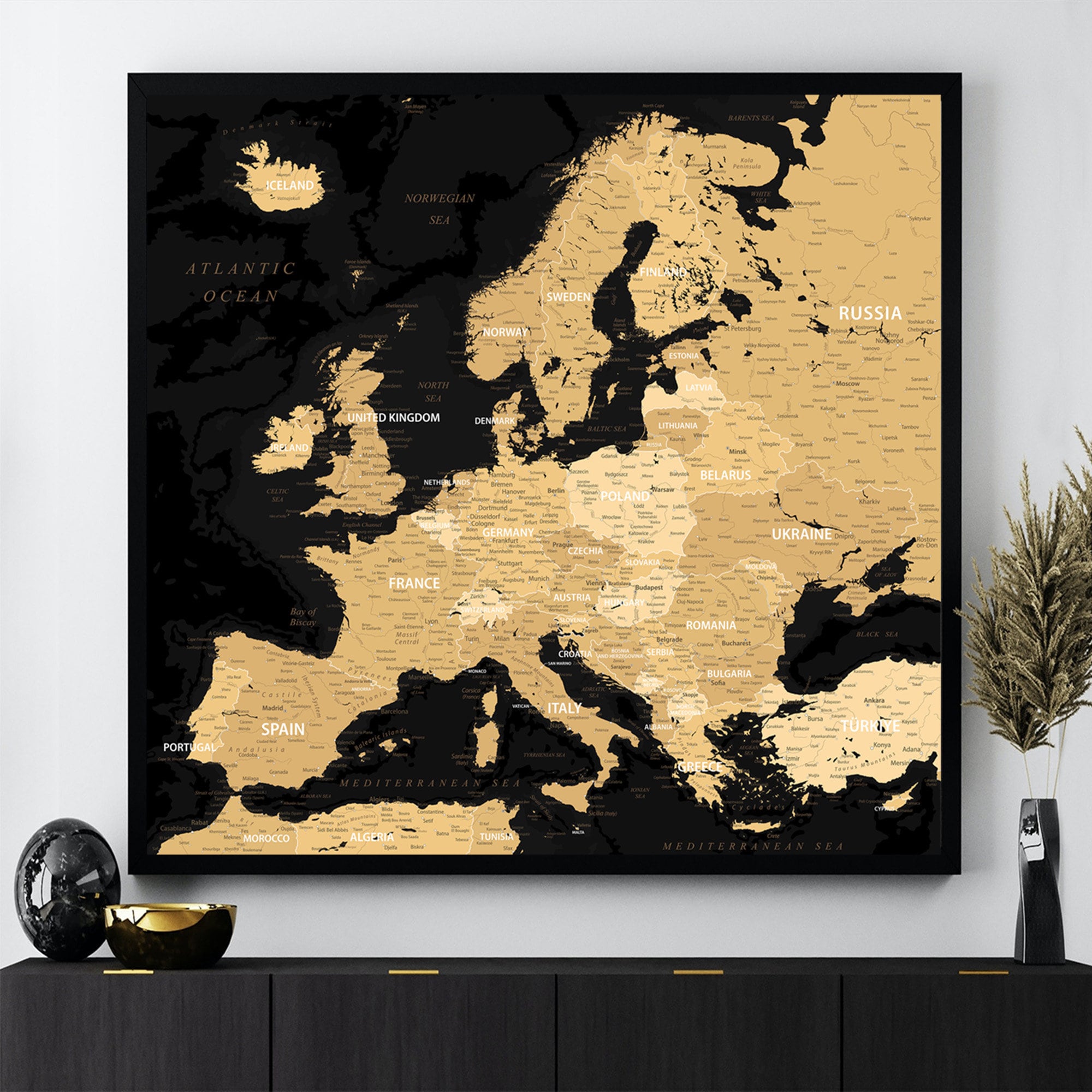 Digital Political Map of Europe - Printable Black & Gold Europe Map ...