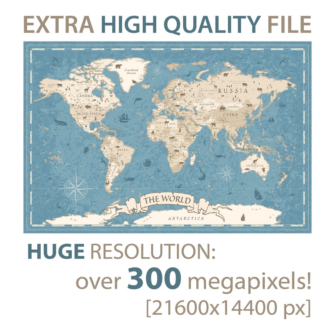 Kids Nursery Blue World Map Printable Animal World Map, Nursery Map ...