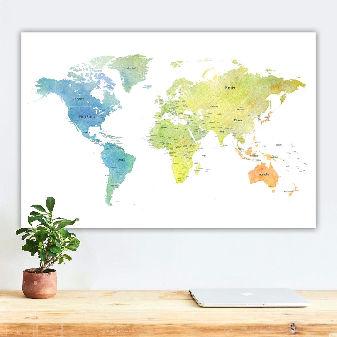 Watercolor World Map Print - Rainbow Colors Map, Kids Room Decor ...