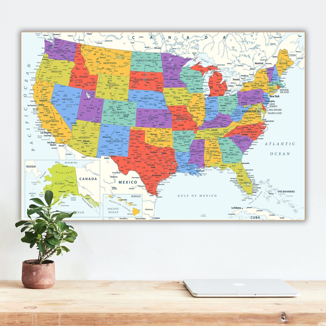 Digital Color USA Map. Detailed United States Map. USA Printable Large ...