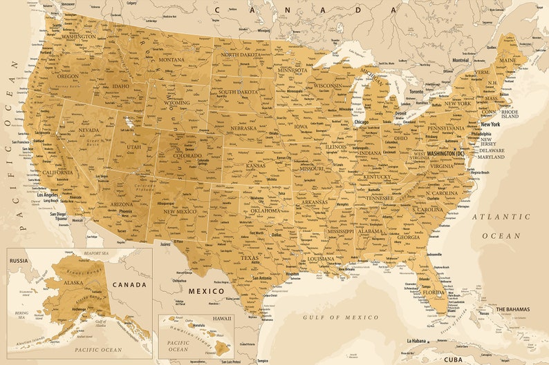 Digital Download Detailed Map of America Beige & Gold, United States ...