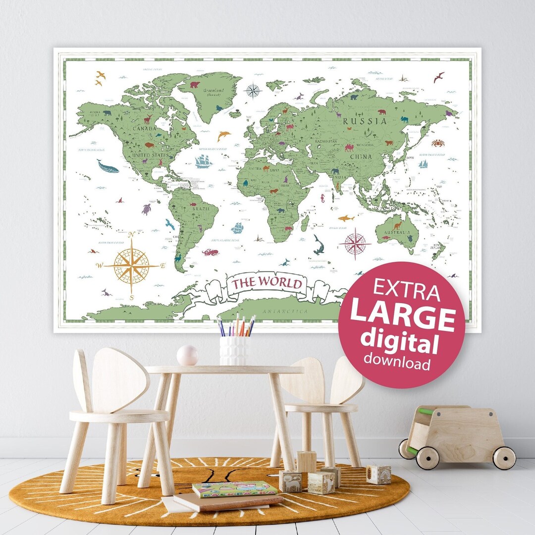 Printable Educational World Map Digital Download Boho Kids Wall Art ...