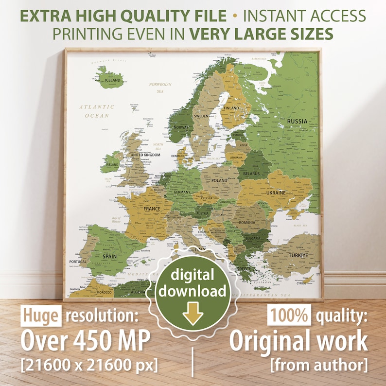 Europe Map Detailed Map of Europe Digital Download Green, Yellow ...