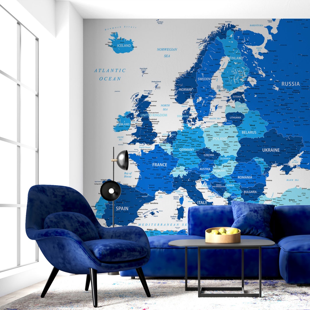 Navy Blue Europe Printable Poster Highly Detailed Map of Europe Styled ...