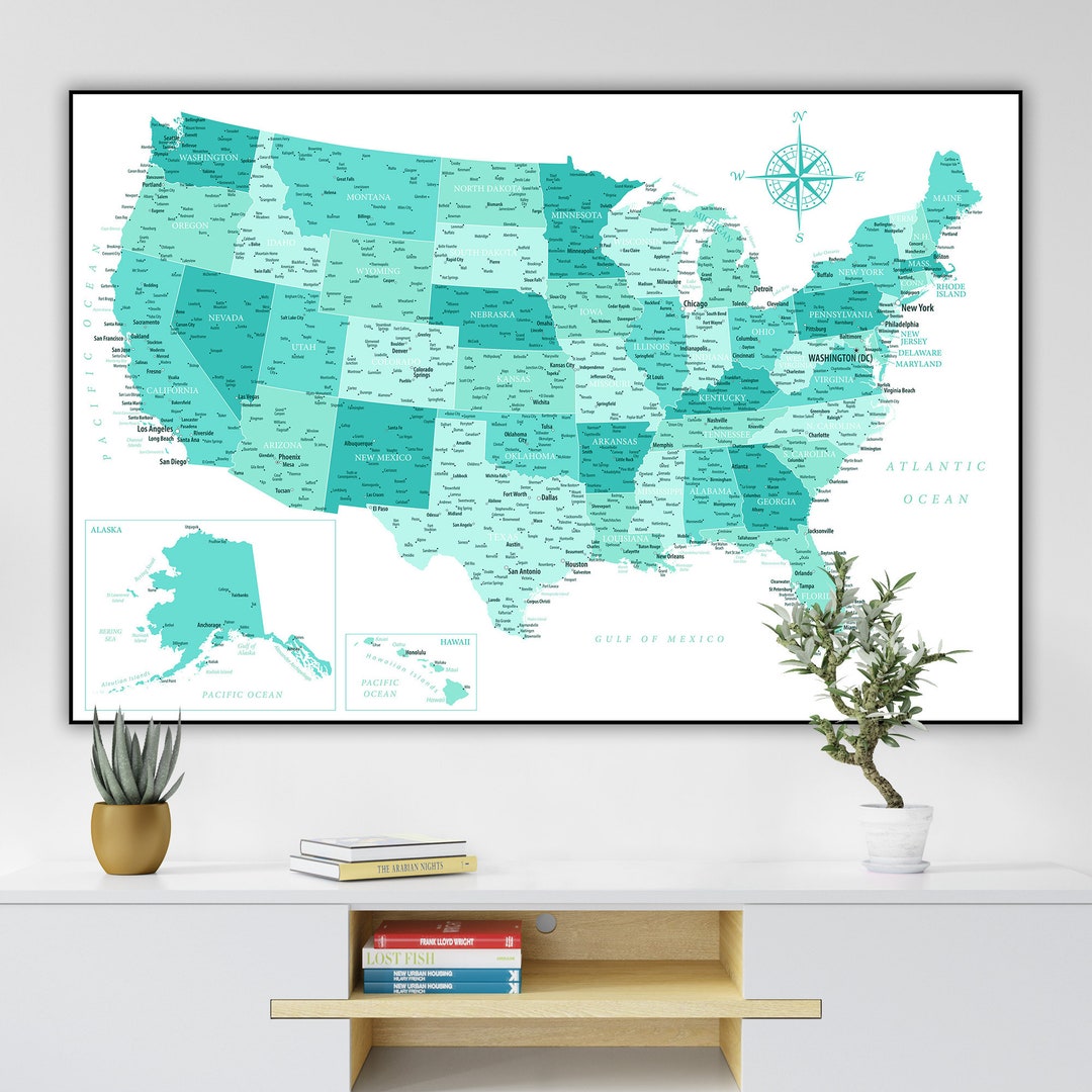 USA Map Digital Download - Detailed Green Turquoise United States Map ...