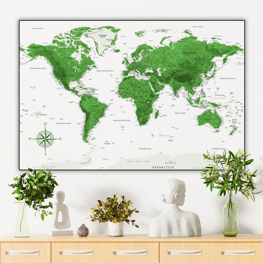Printable World Map - Large Green Colors Wall Art Map, Country Labels ...