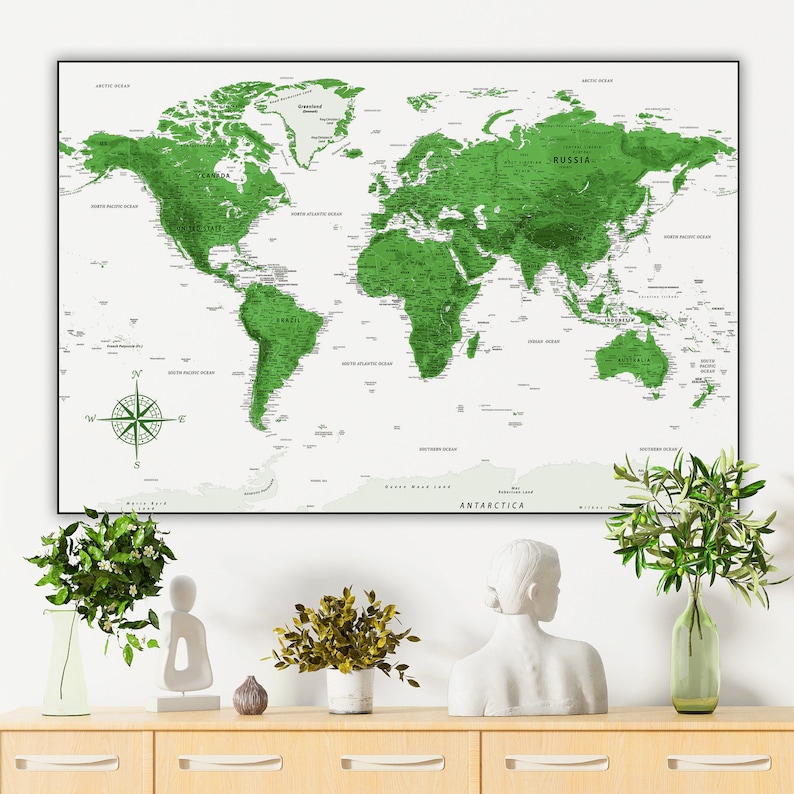 Printable World Map - Large Green Colors Wall Art Map, Country Labels ...