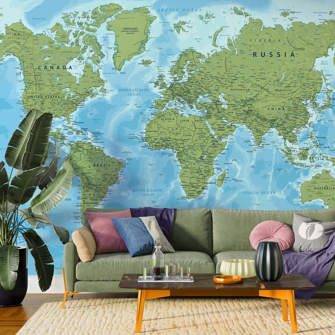 Digital Green Blue World Map With Countries Printable Large World Map ...