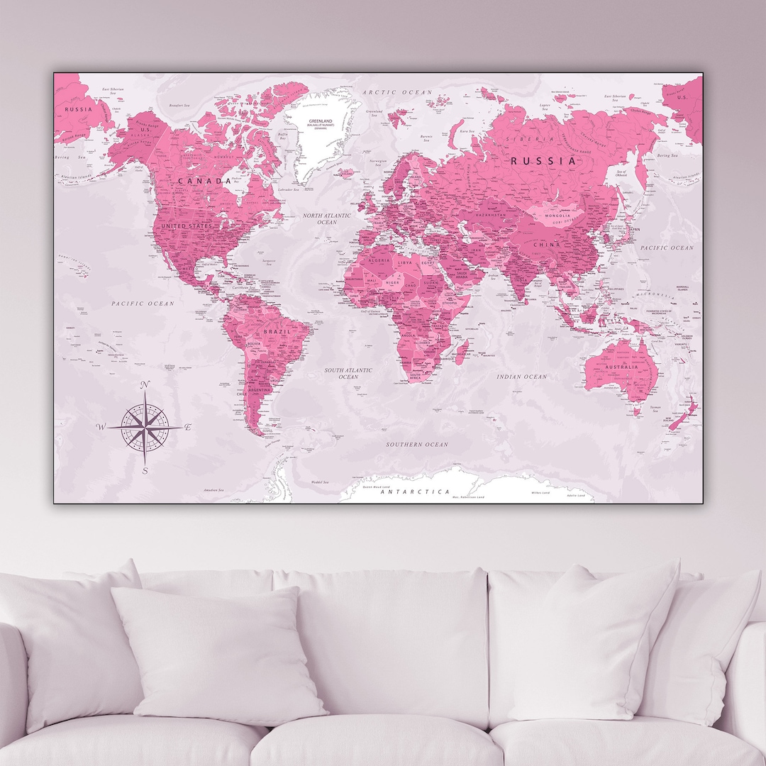 Mapa del mundo imprimible en color rosa: mapa del mundo con países ...