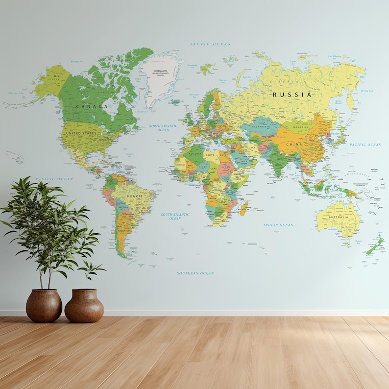 Digital World Map Poster With Countries Wall Art Decor Map, Detailed ...