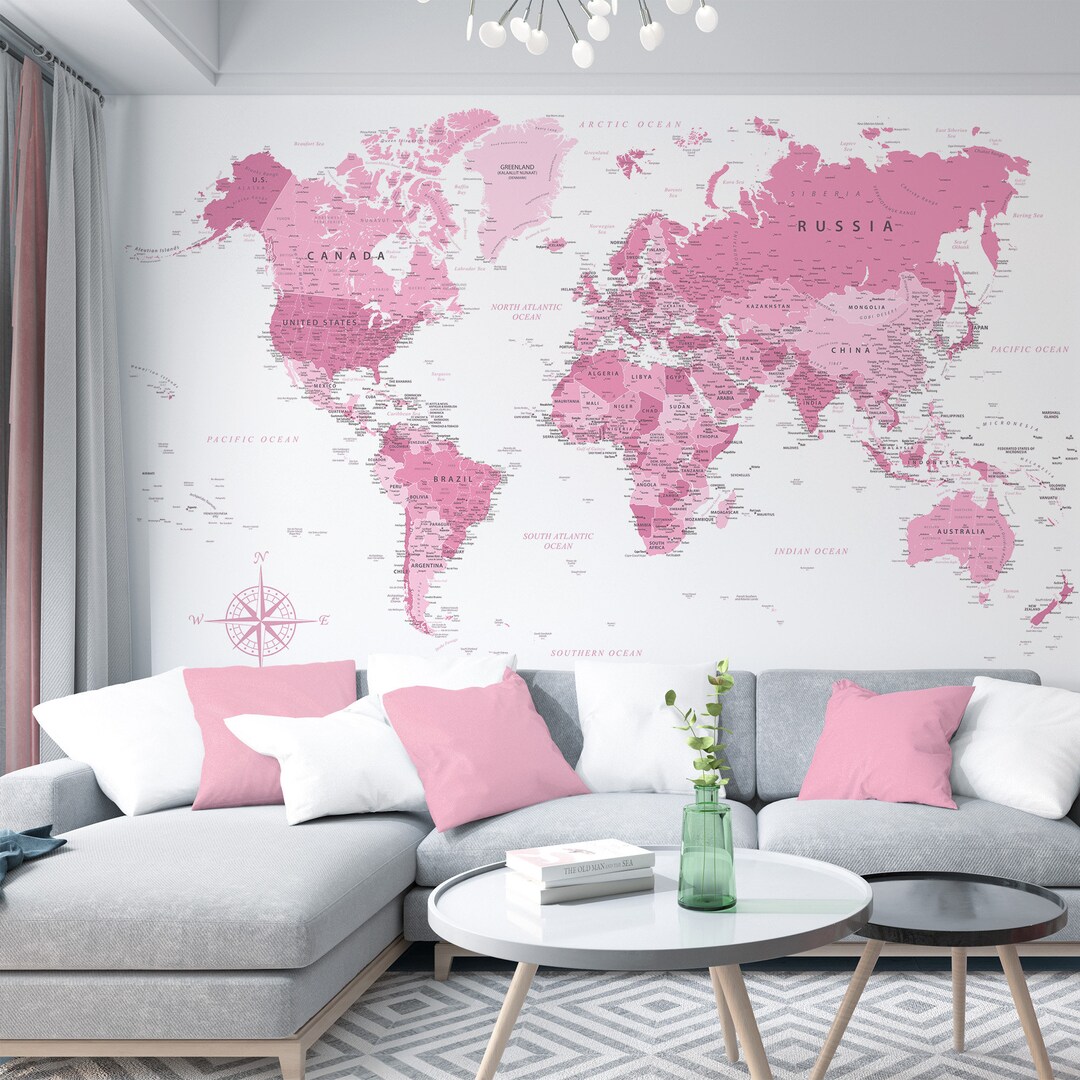 Pink World Map - Digital Map Poster, Gift for Girls, Dorm Wall Art ...