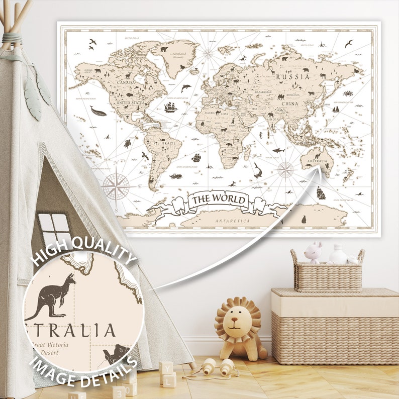 Kids World Map Printable Poster – Beige Nursery Wall Art With Animals ...