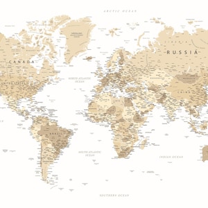 Detailed Printable World Map Neutral Beige Colors, Downloadable Large ...