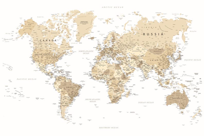 Detailed Printable World Map Neutral Beige Colors - Downloadable Large ...