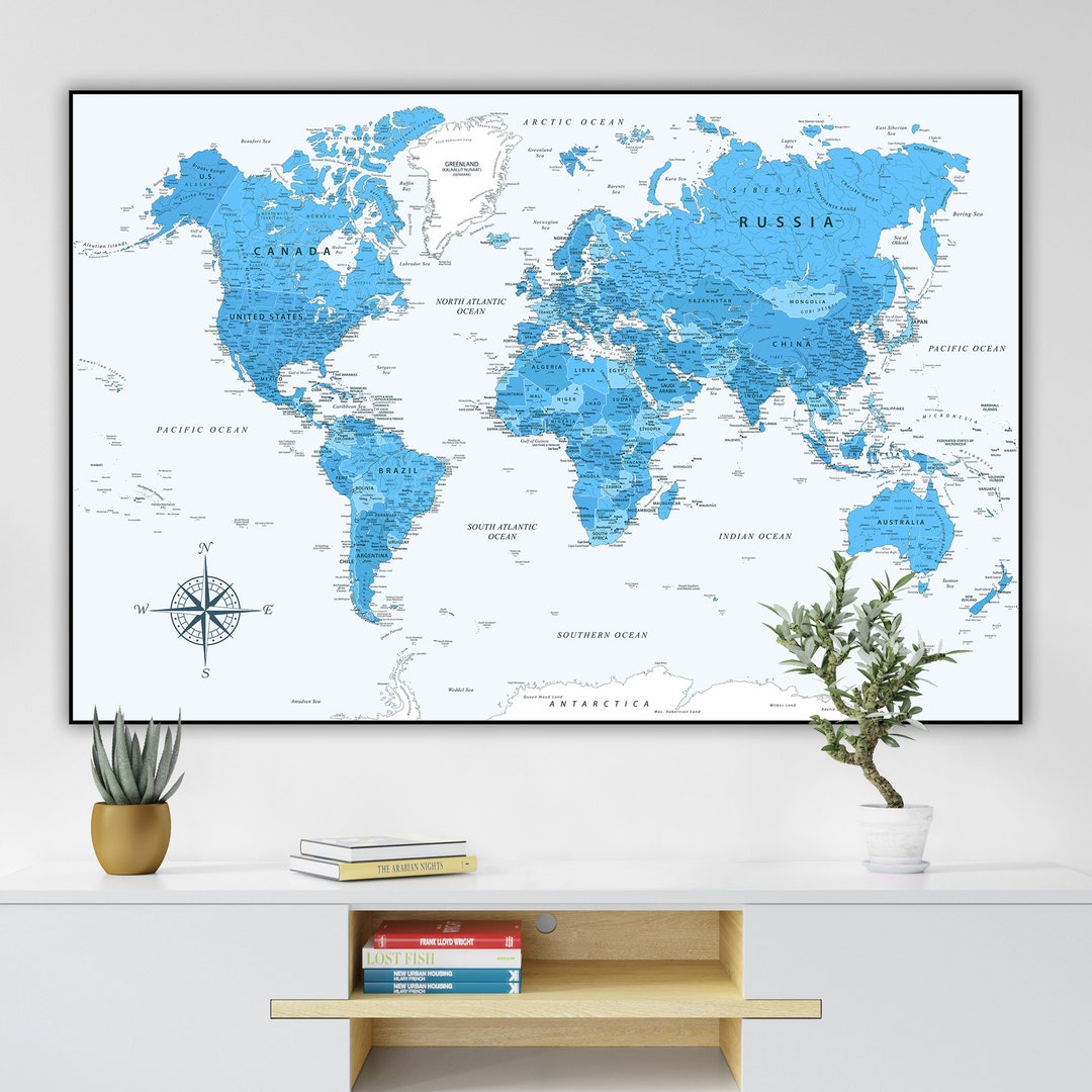 Blue World Map Printable - Instant Download High-resolution Digital Map ...