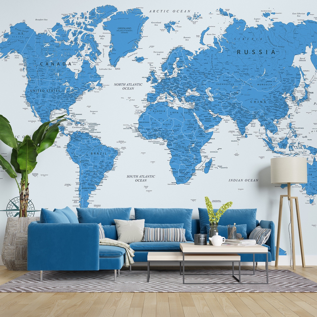Blue White World Map Digital Printable Map of the World Travel Poster ...