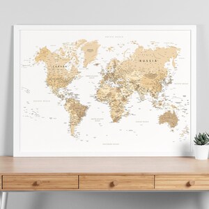 Detailed Printable World Map Neutral Beige Colors, Downloadable Large ...