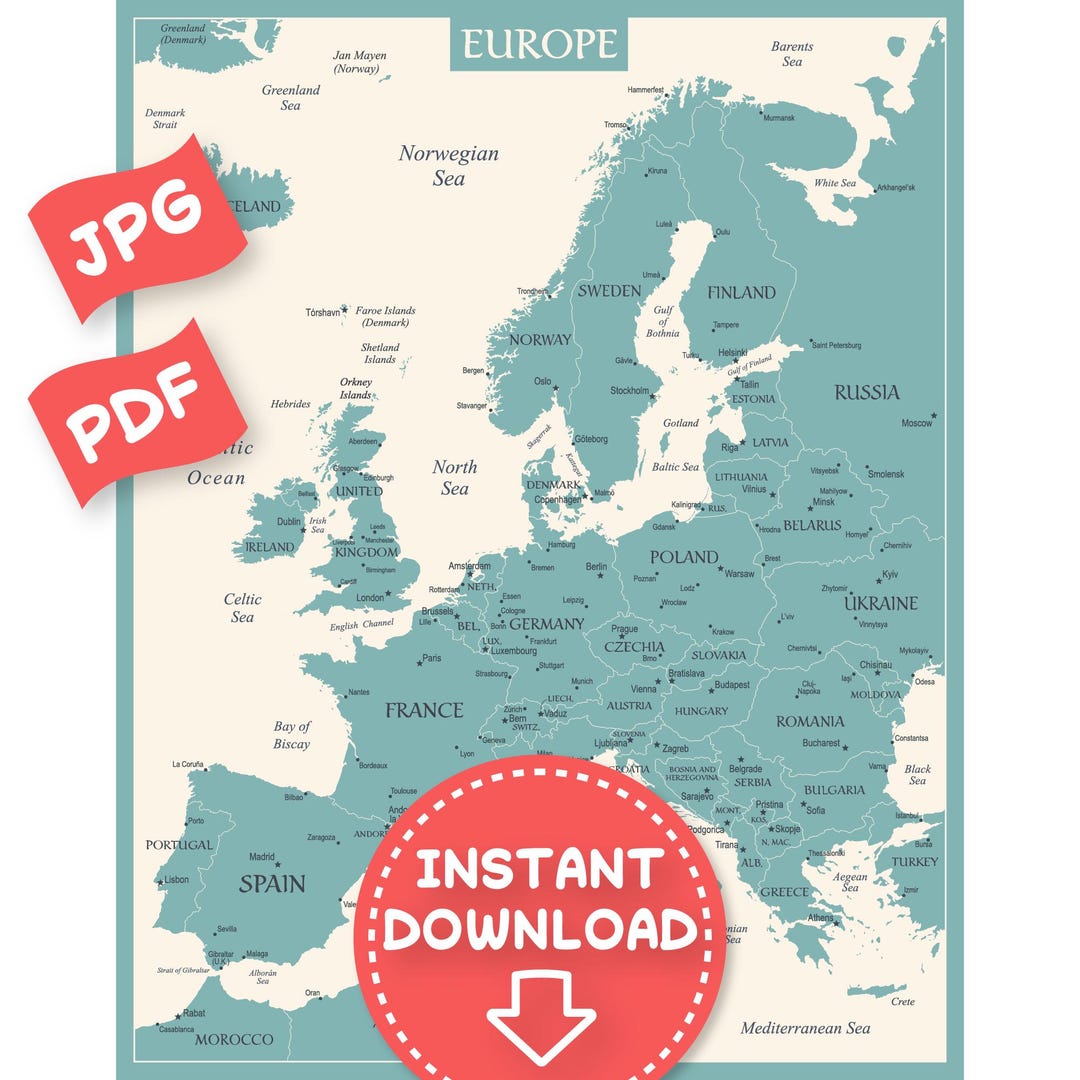 Vintage Europe Map Digital Download Map of Europe Printable Europe Map ...