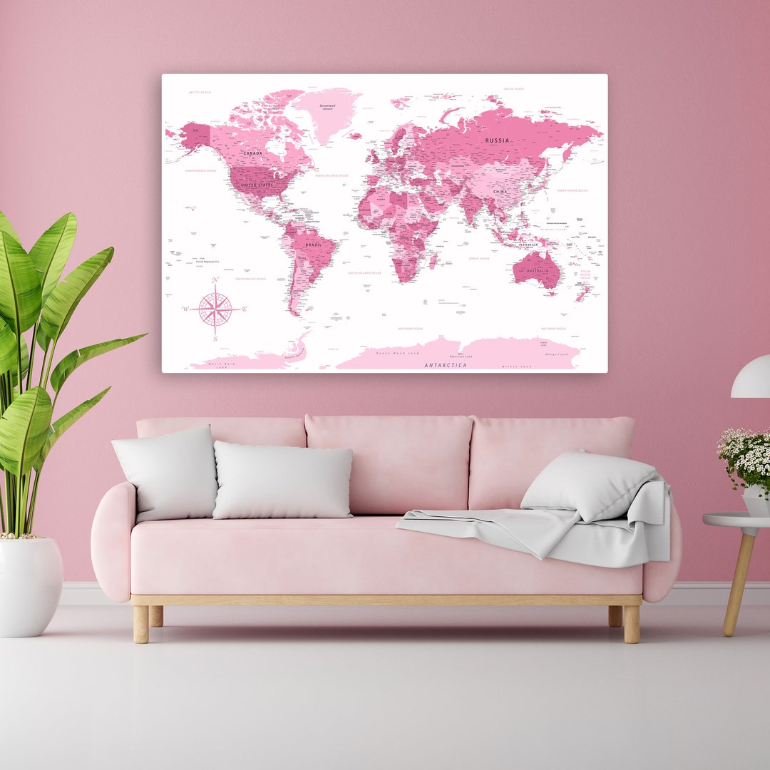 Printable Pink World Map - Modern Decor Map, Travel Art | Kids Room Map ...