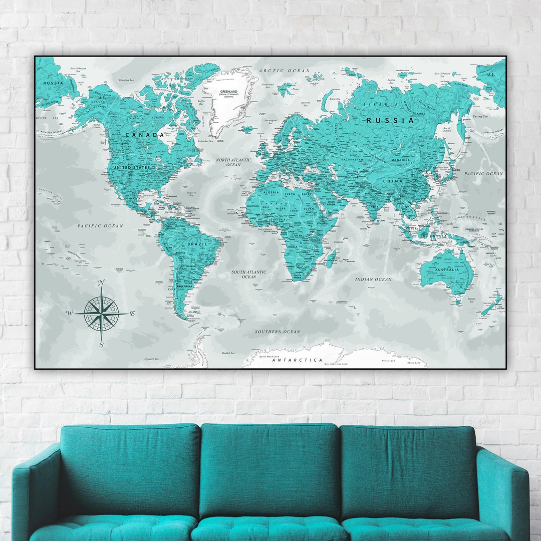 Printable Turquoise World Map - Styled High Resolution Map | Perfect ...
