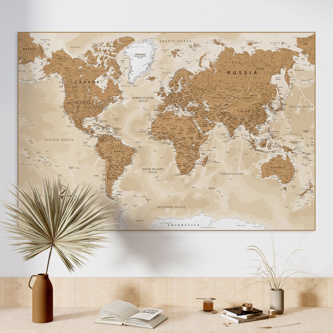 Highly Detailed Printable World Map Poster in Neutral Brown Beige ...