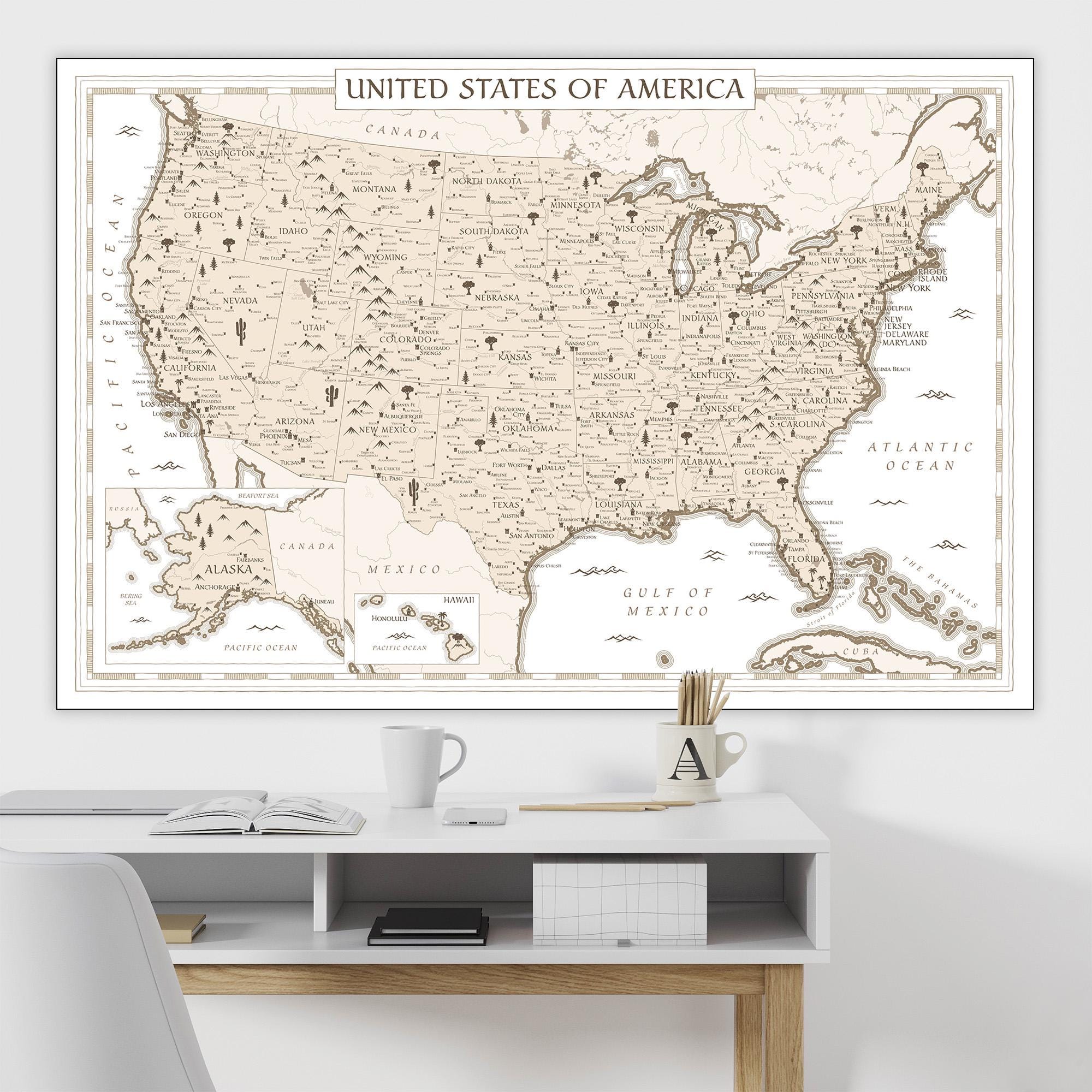 Printable Map of America With States and Major Cities, Pastel Wall Art ...