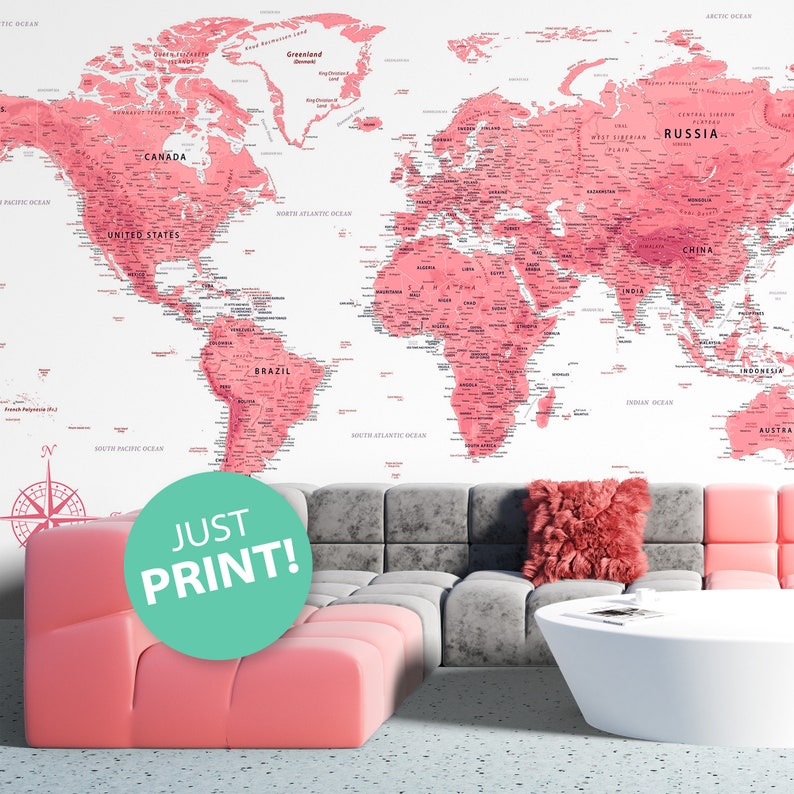Elegant Pink World Map - Printable Map of the World, Digital Travel Map ...