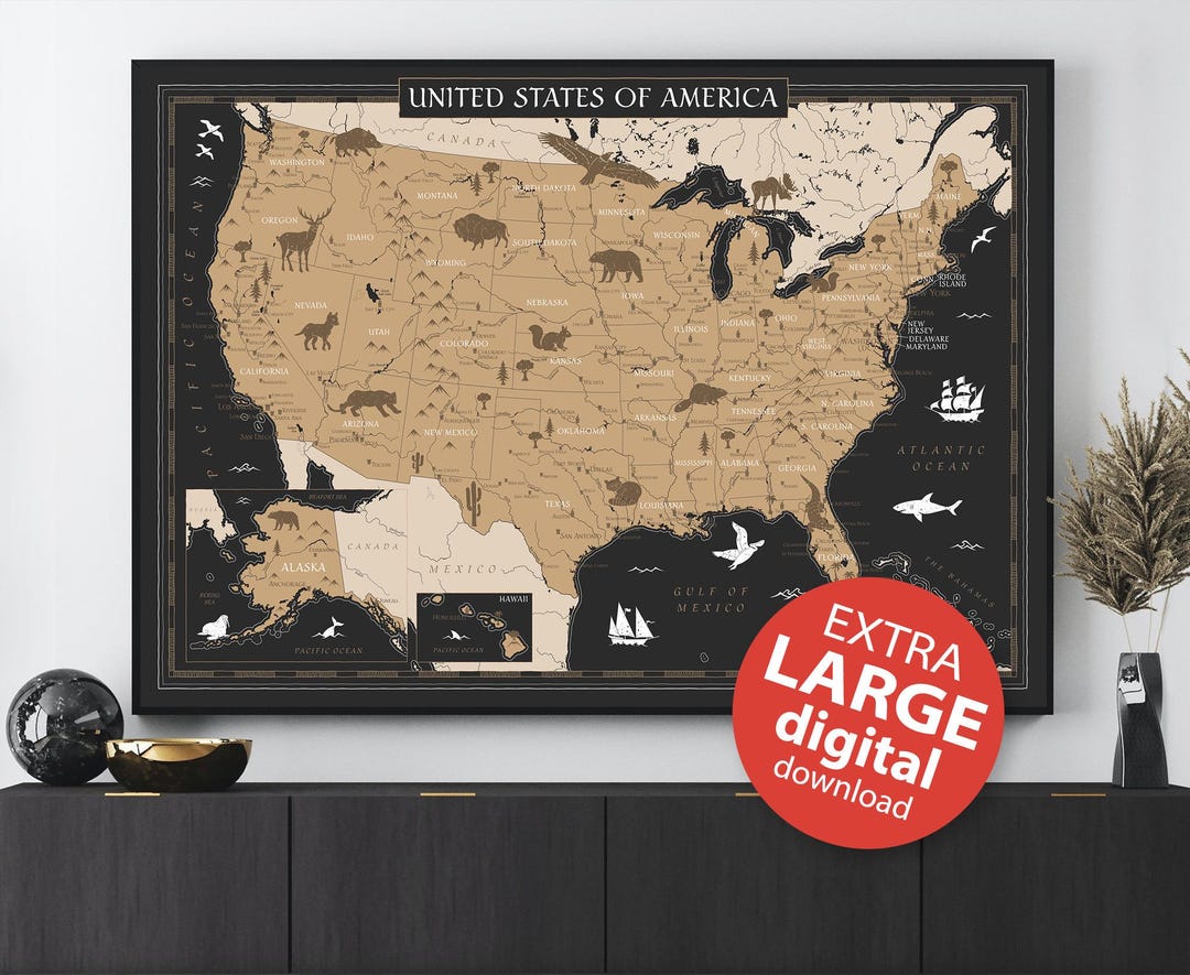 USA Map Black - Digital Large USA Map, Classroom Map Wall Art, Kids ...