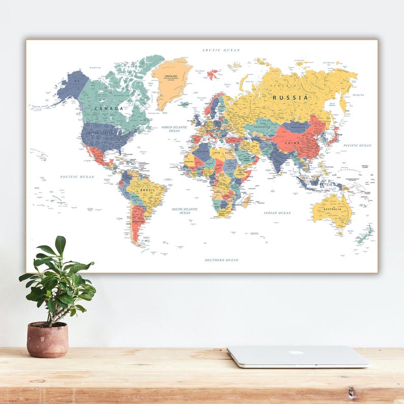 Highly Detailed Printable World Map - Digital Download Map With Countries & Cities for Wall Art ...
