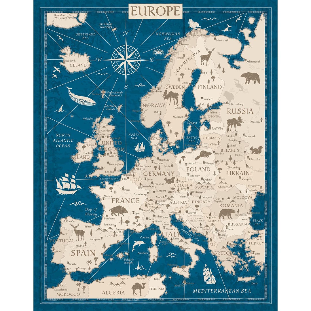 Printable EUROPE MAP for Kids - Digital Blue Map of Europe, European ...