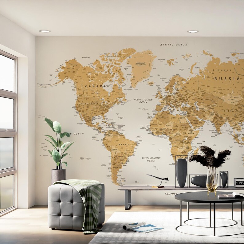 Printable Beige World Map - Classic Earth Tones Wall Art, Instant ...