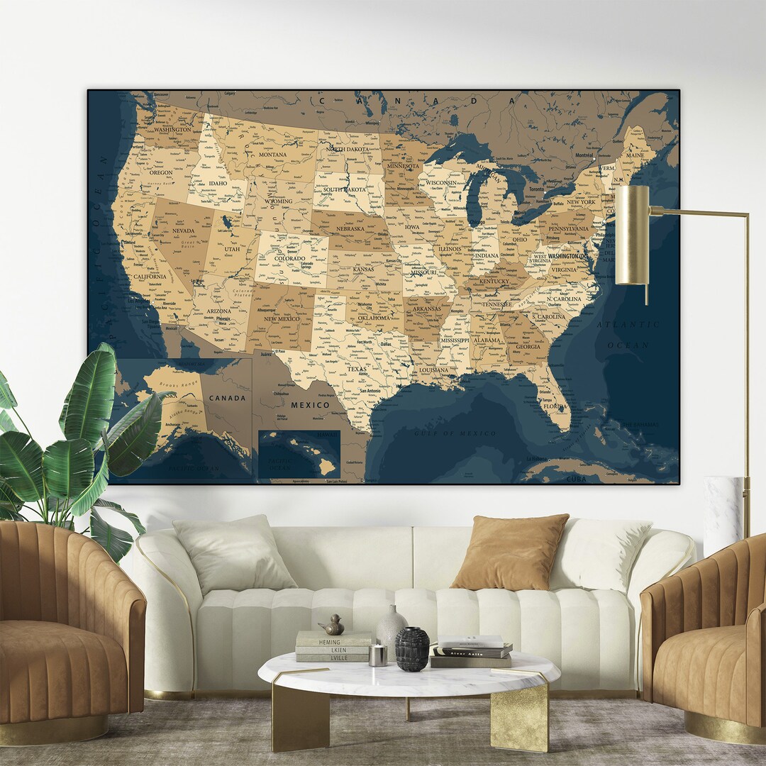 United States Map Printable Detailed Gold Blue USA Map Poster ...