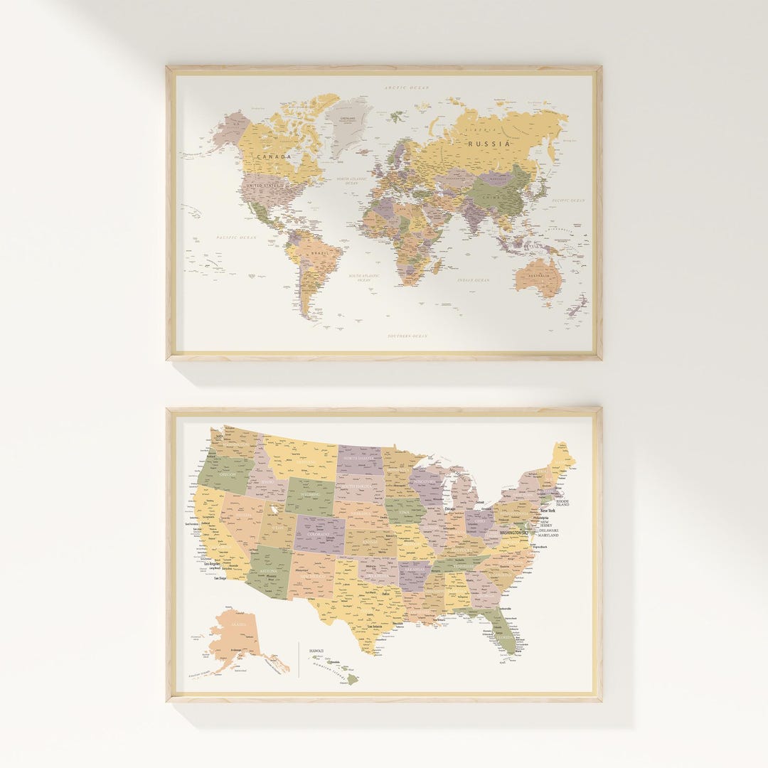 Digital Map Art Set US and World - Retro Maps Print - Download ...