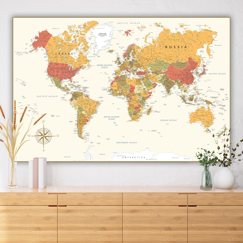 World Map Detailed Printable Poster - Warm Map Print Digital Download ...