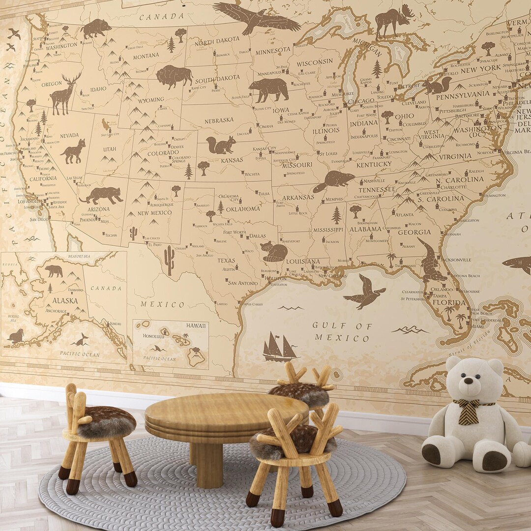 Printable Kids United States of America Map Neutral Beige, Vintage ...
