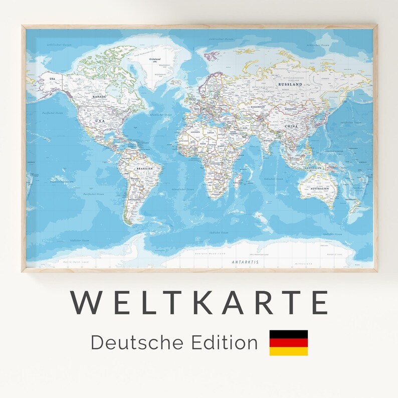 Detailed World Map German - Printable Blue & White Poster - Weltkarte ...