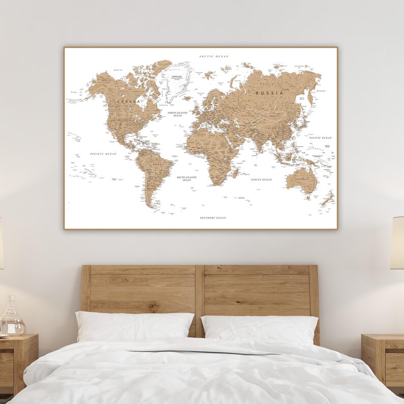 Map of the World With Countries Printable Beige Brown World Map Digital ...