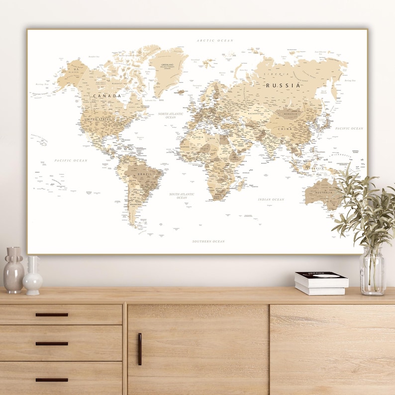 Printable World Map Poster – Neutral Beige Digital Download | Minimalist Scandinavian Wall Art ...