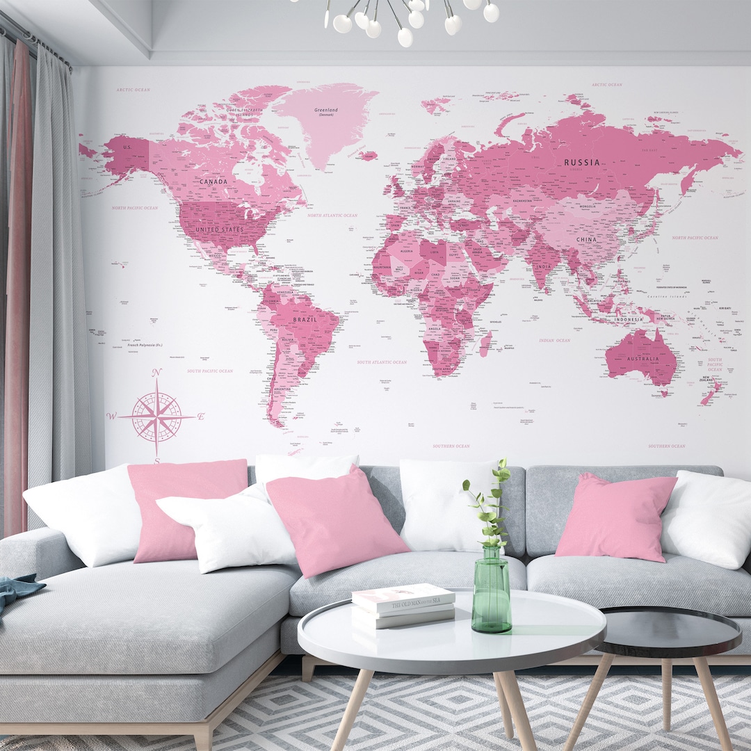 Pink World Map Digital Download | Pink Wall Art | Kids Room Map ...
