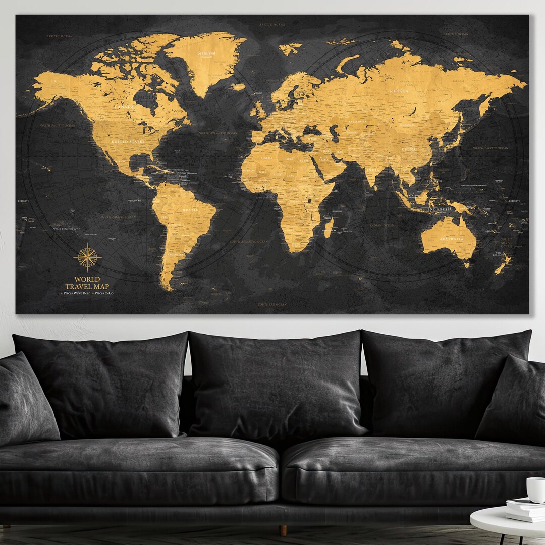 Vintage Black Gold Push Pin World Map — Personalized Travel Tracker ...