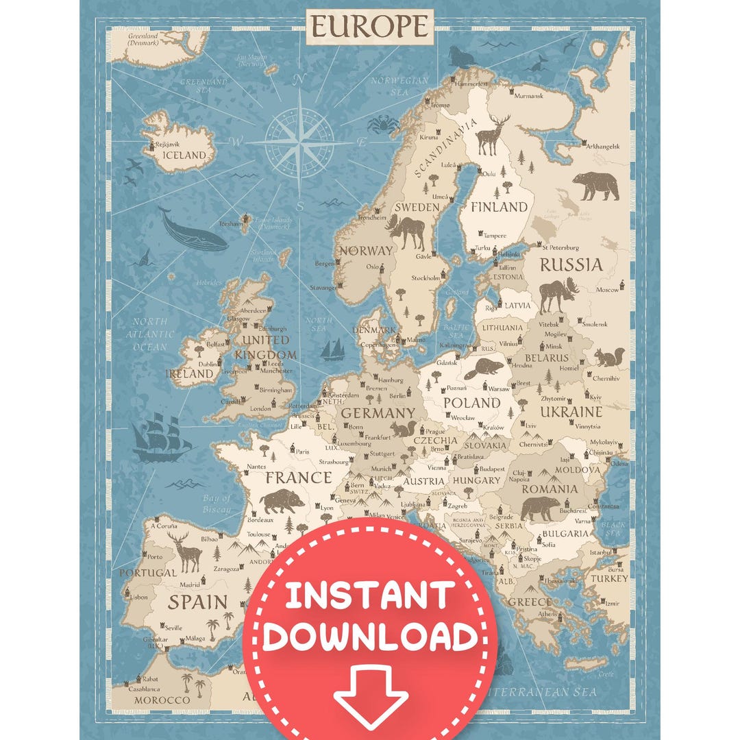 Europe Map Kids Blue Print, Printable Map Poster, Large Educational ...