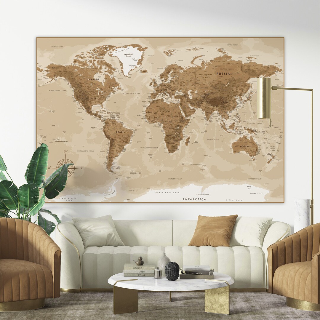 Large World Map Digital Download Vintage High-res Gold, Brown, Beige ...