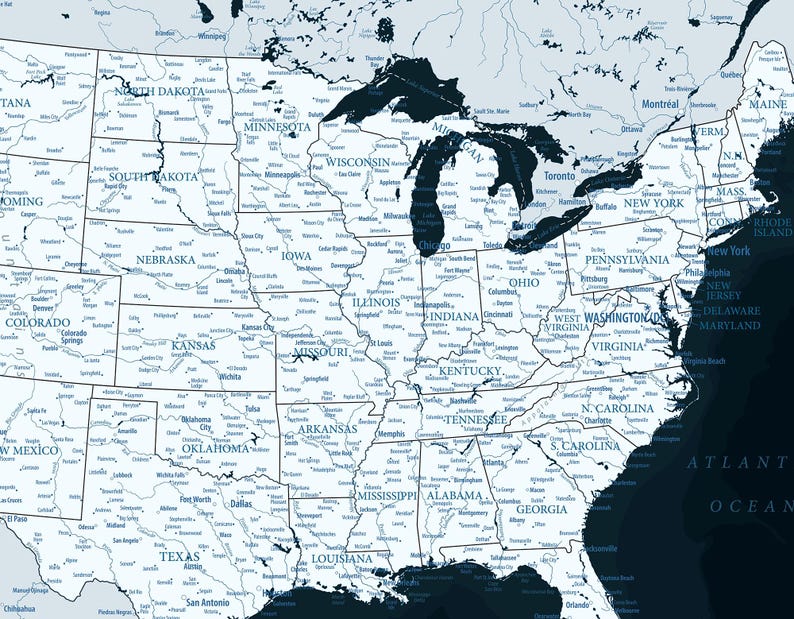 Detailed United States Map Poster - Black, White and Blue (digital ...