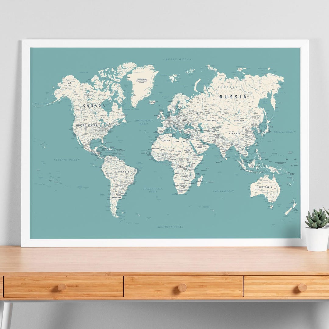 World Map | Map of the World Extra Large Wall Art | Blue and Beige ...