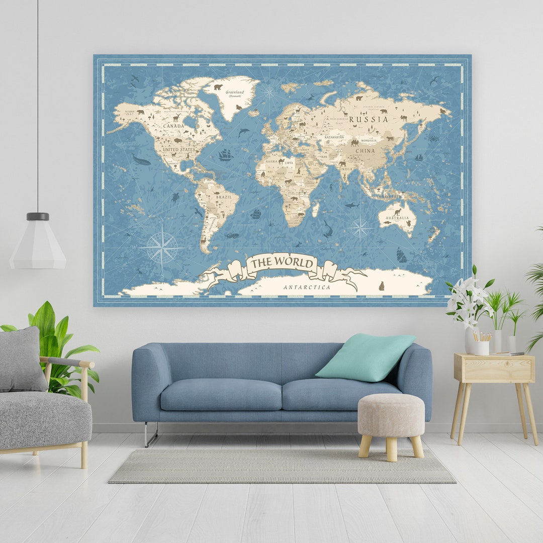 Kids World Map - Blue Printable Poster - Large Educational Classroom ...