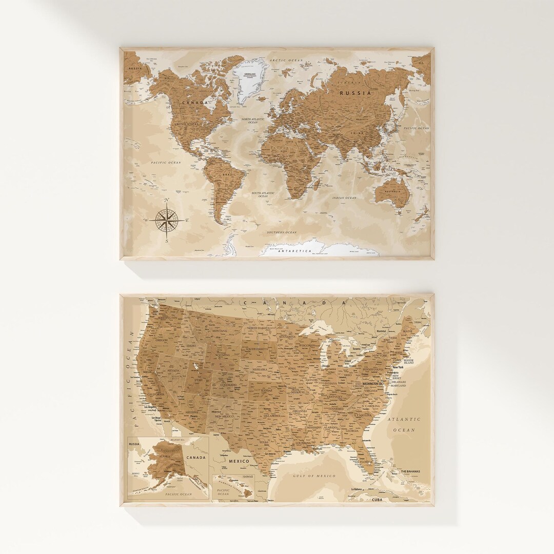 Detailed World Map & USA Map Printable Set in Neutral Beige Colors and ...