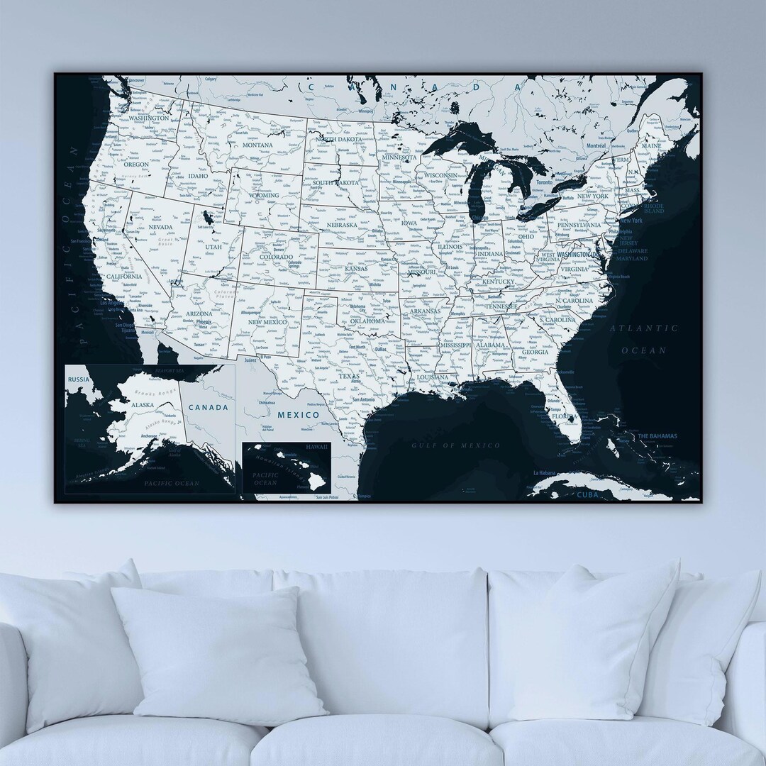 United States Map Digital Black and White Blue Poster - Detailed Map of ...