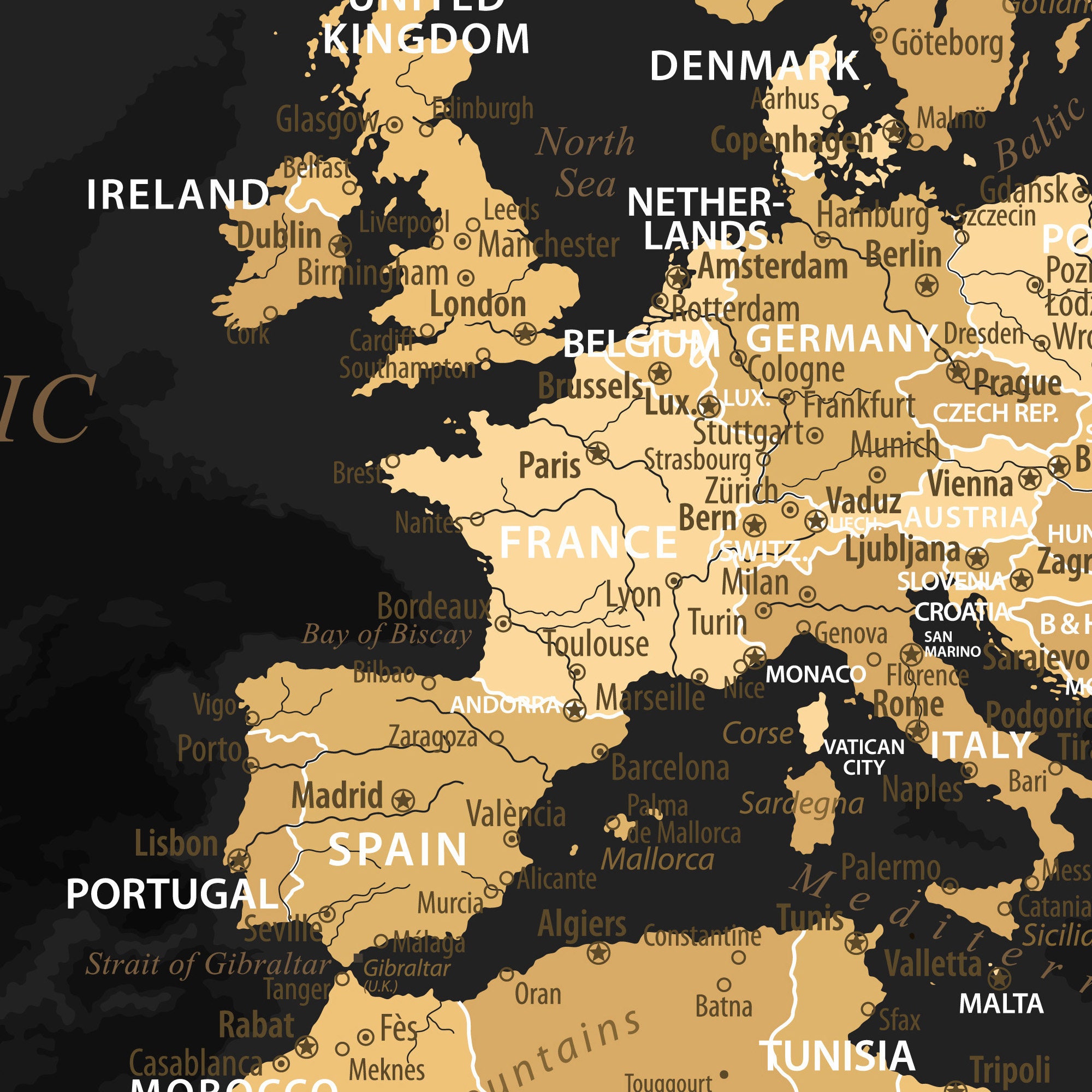 Black & Gold World Map Wall Art | Large Black World Map Digital Poster ...