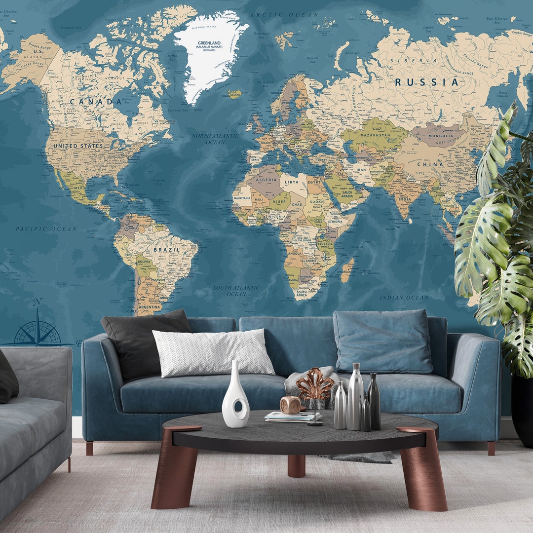 Vintage World Map Print - Blue Beige Digital World Map Poster, Download ...